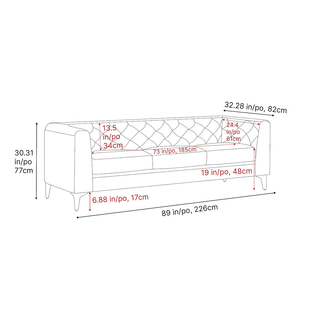 Valencia Avery Leather Couch 89" | Top Grain Nappa 11000 Leather 3 Seater with Tufted Back, Solid Wood Frame, Plush Cushioning, Saddle Tan