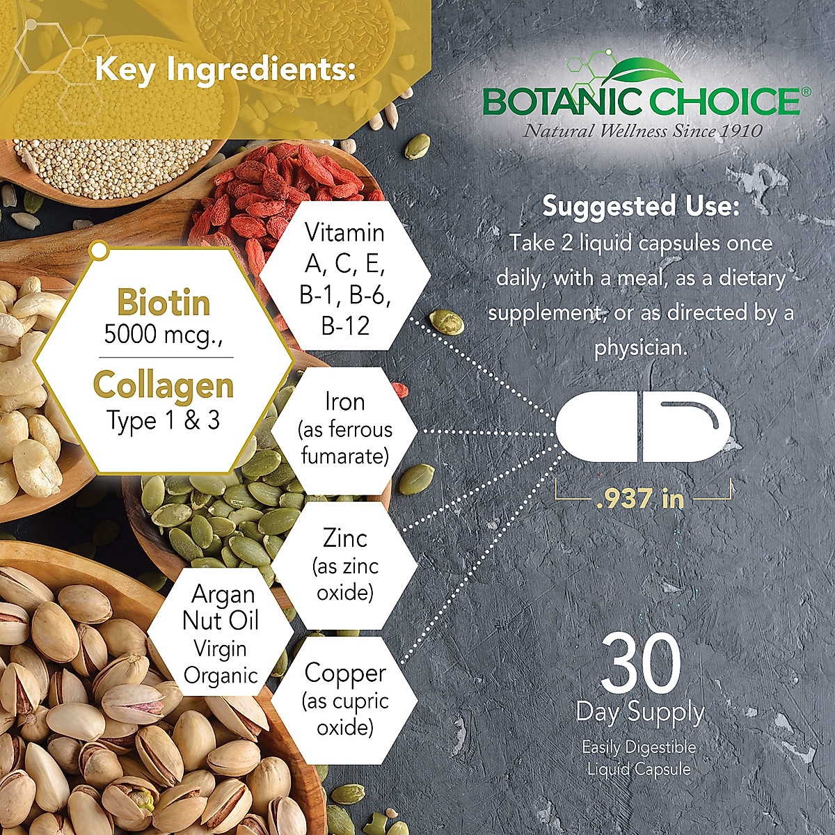 Botanic Choice Hair Skin and Nails Vitamins - Biotin Supplement with Collagen, Vitamin C, & Iron - Super Antioxidant Blend with Argan Oil & Hyaluronic Acid - 60 Liquid Capsules