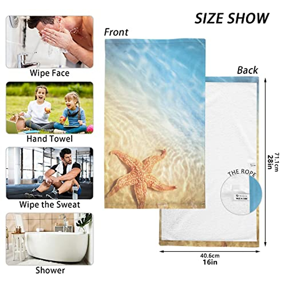 Jucciaco Beach Sea Starfish Cotton Towels for Bathroom, Soft Absorbent Hand Towel Set of 2 for Gym Yoga Kitchen Decorative, 16x28 in