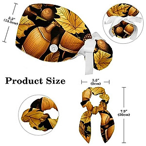 Thanksgiving Acorn Working Cap with Button Sweatband Adjustable Tie Back Bouffant Hats with Scrunchie