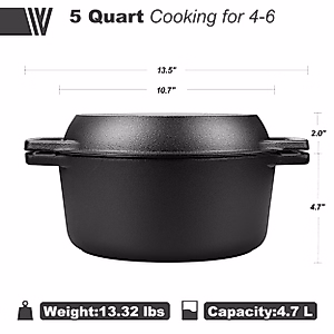VORRINGARD Pre-seasoned Cast Iron Double Dutch Oven Pot with Skillet Lid, Dual-handle, for Bread Baking, Outdoor, Campfire Cooking, 5 Quart