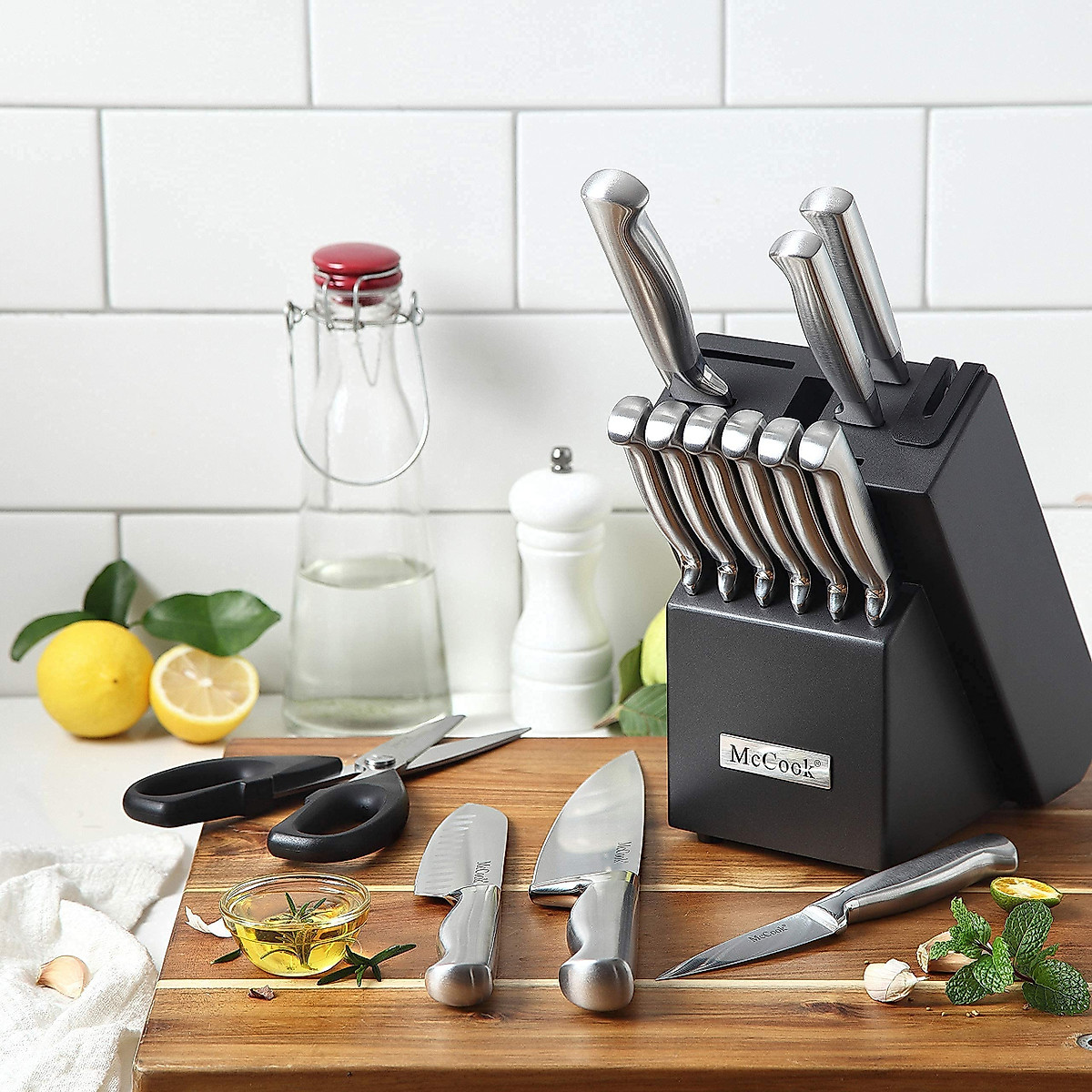 McCook MC21 German Stainless Steel Knife Block Sets with Built-in Sharpener + MCW12 Bamboo Cutting Board(Large, 17”x12”x1”)