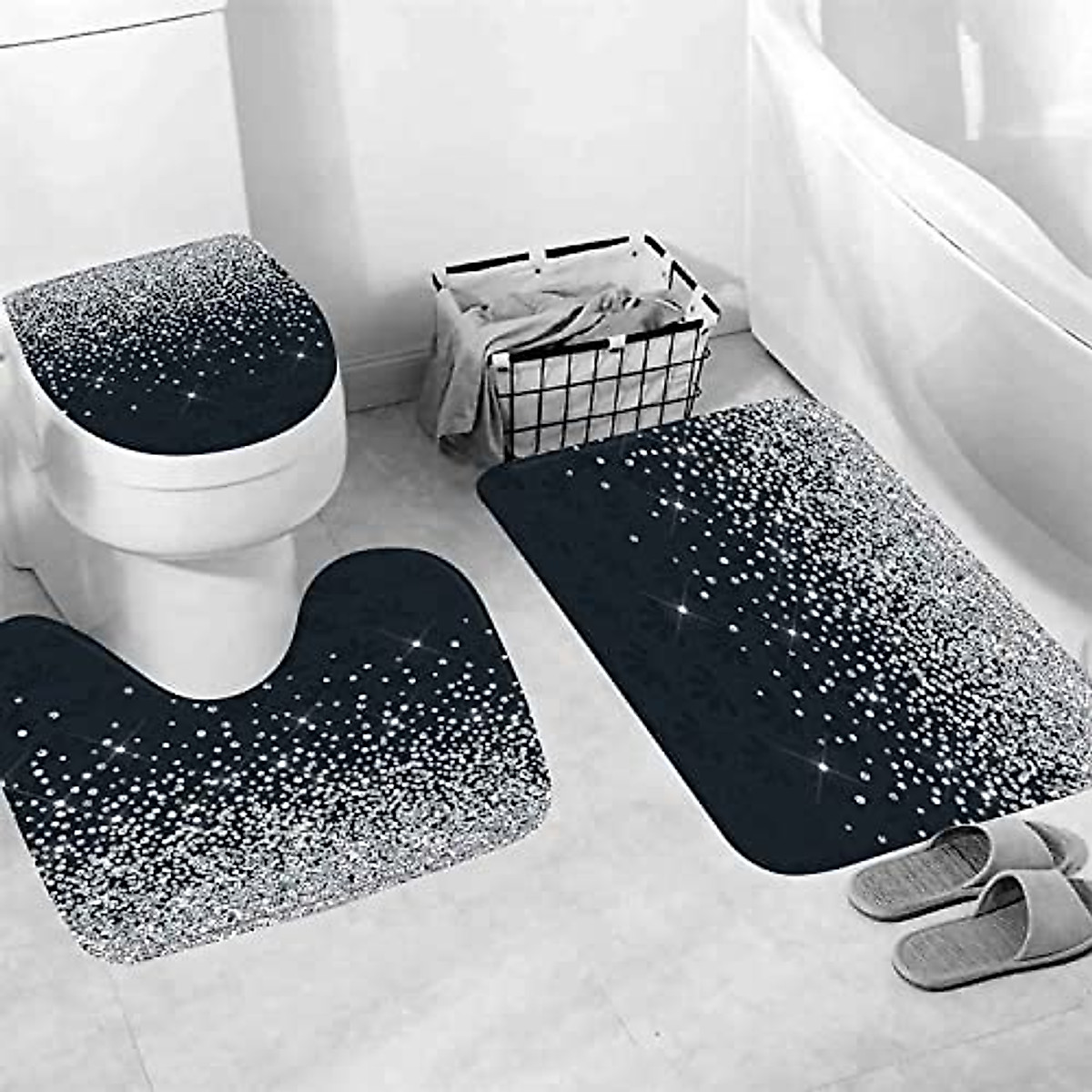 TERSUM Silver Gray Bokeh Diamond Shower Curtain Set,4PCS Bathroom Sets with Shower Curtain and Bath Mat, Toilet Lid Cover and U Shaped Rugs,72"x72" Polyester Fabric Bathtub Curtain with Hooks SETGXTE2