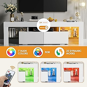 YESHOMY Modern LED TV Stand for Televisions up to 70 Inch with Glass Shelves and Drawer, Gaming Entertainment Center with Multiple Dynamic RGB Modes, for Livingroom, Bedroom, 60 Inch, White