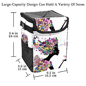 RODAILYCAY Car Trash Can with Lid and Storage Pockets, Waterproof & Leak-Proof Garbage Container Bin for Car, Vehicle Dustbin Flowers Fairy Kissing Butterflies Pink
