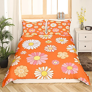 Feelyou 60S?70S?Groovy Bedding Set Kids Retro?Hippie?Flower Comforter Cover Set for Boys Teens Vintage Boho Plant Floral Duvet Cover Botanical Blossom Orange Bedspread Cover Twin Size 2Pcs Bedclothes