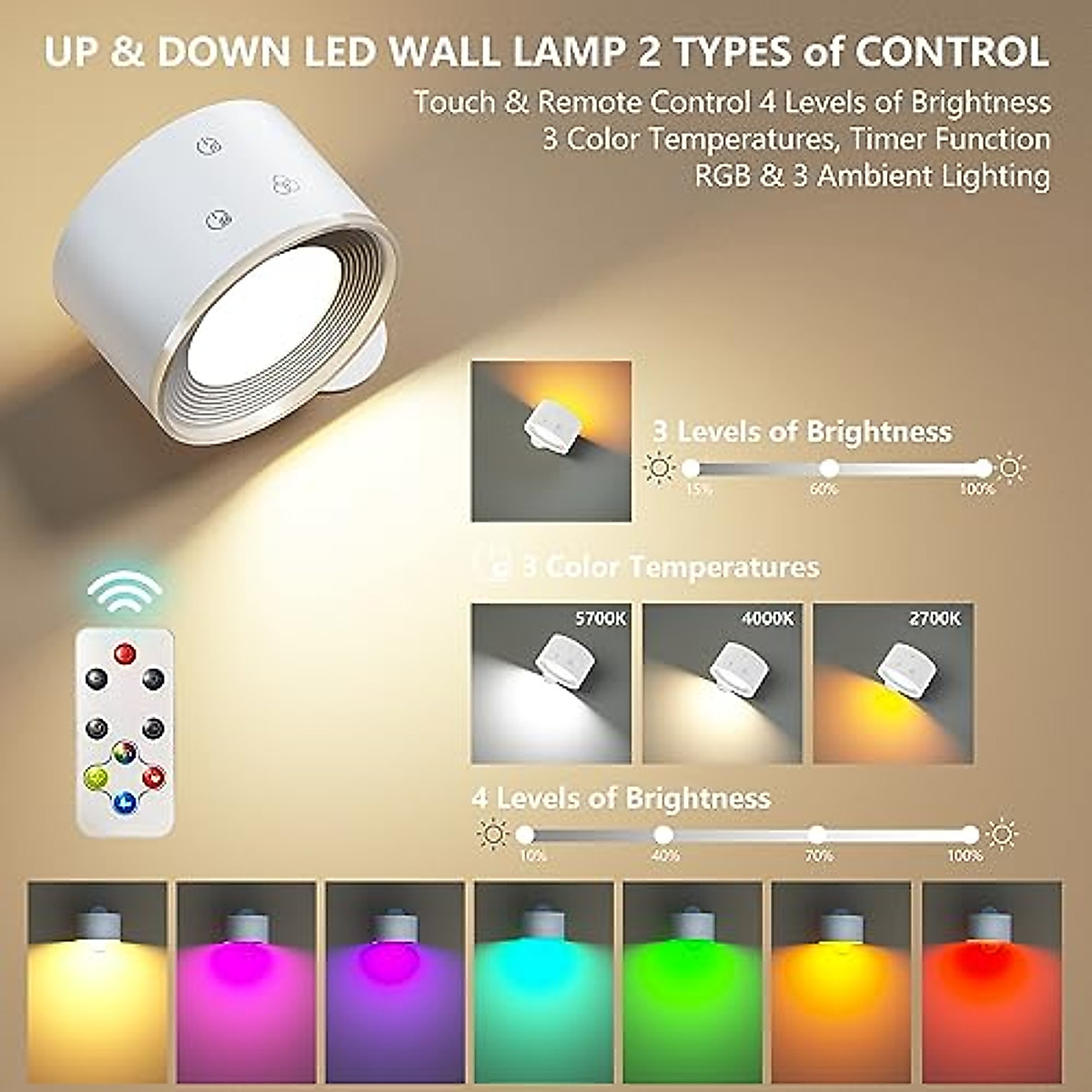 Deyagoo UP&Down Light Source LED Wall Sconce, Wall Mounted Lamps with Battery Operated, 4 Color Temp, Dimming, RGB&Ambience Lights, Removable Charging, Touch&Remote Control, Light for Reading Bedside