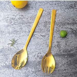 Stainless Steel Salad Server Set 9.7 inch Length Salad Spoon and Fork, Set of 2 Kitchen Utensils (Gold)