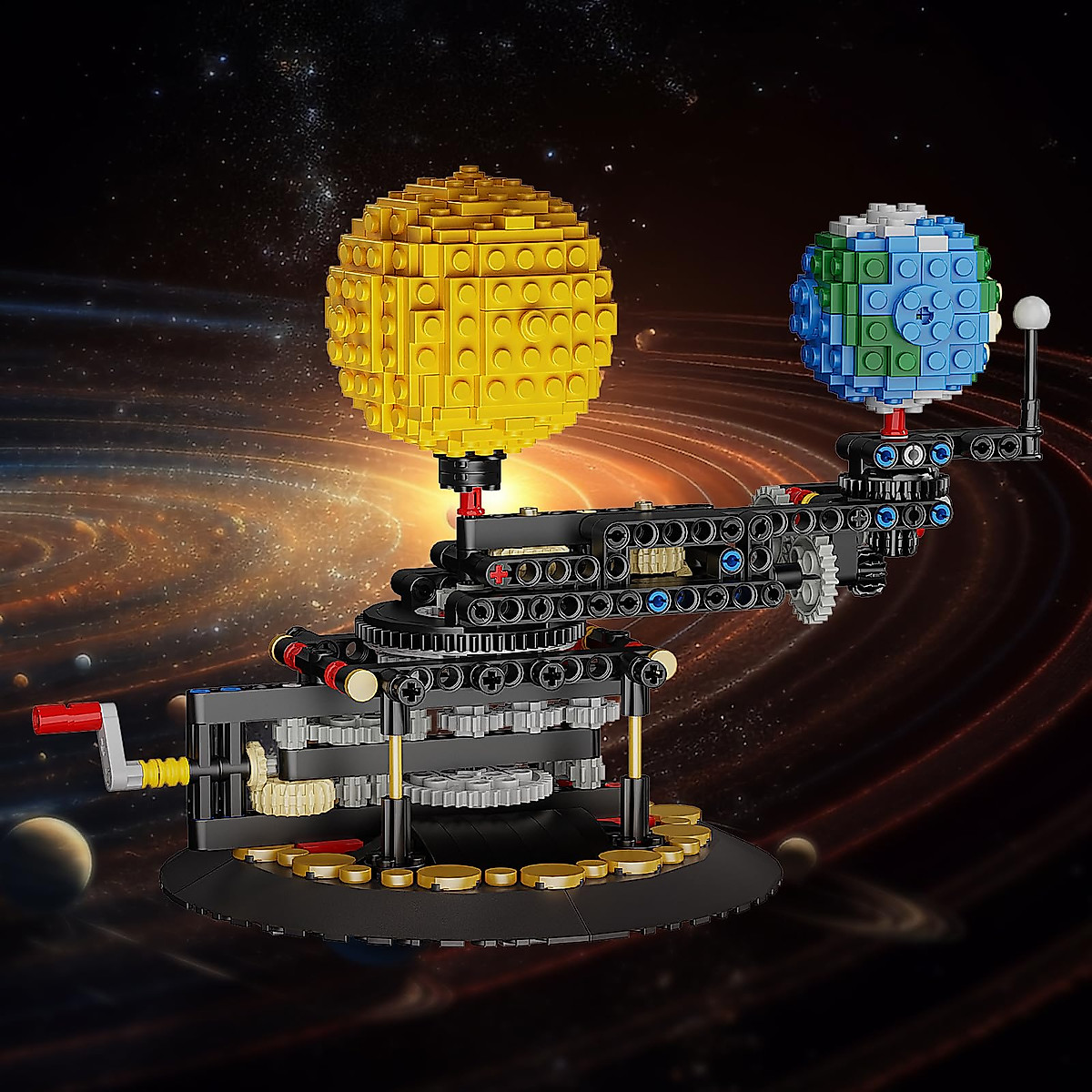 Earth Moon and Sun Orrery Toy Building Sets - Earth Rotation Around Sun Building Bricks-Rotatable Solar System Model, Compatible for Lego Space, Science Educational Architecture Toys for 6+ Kids