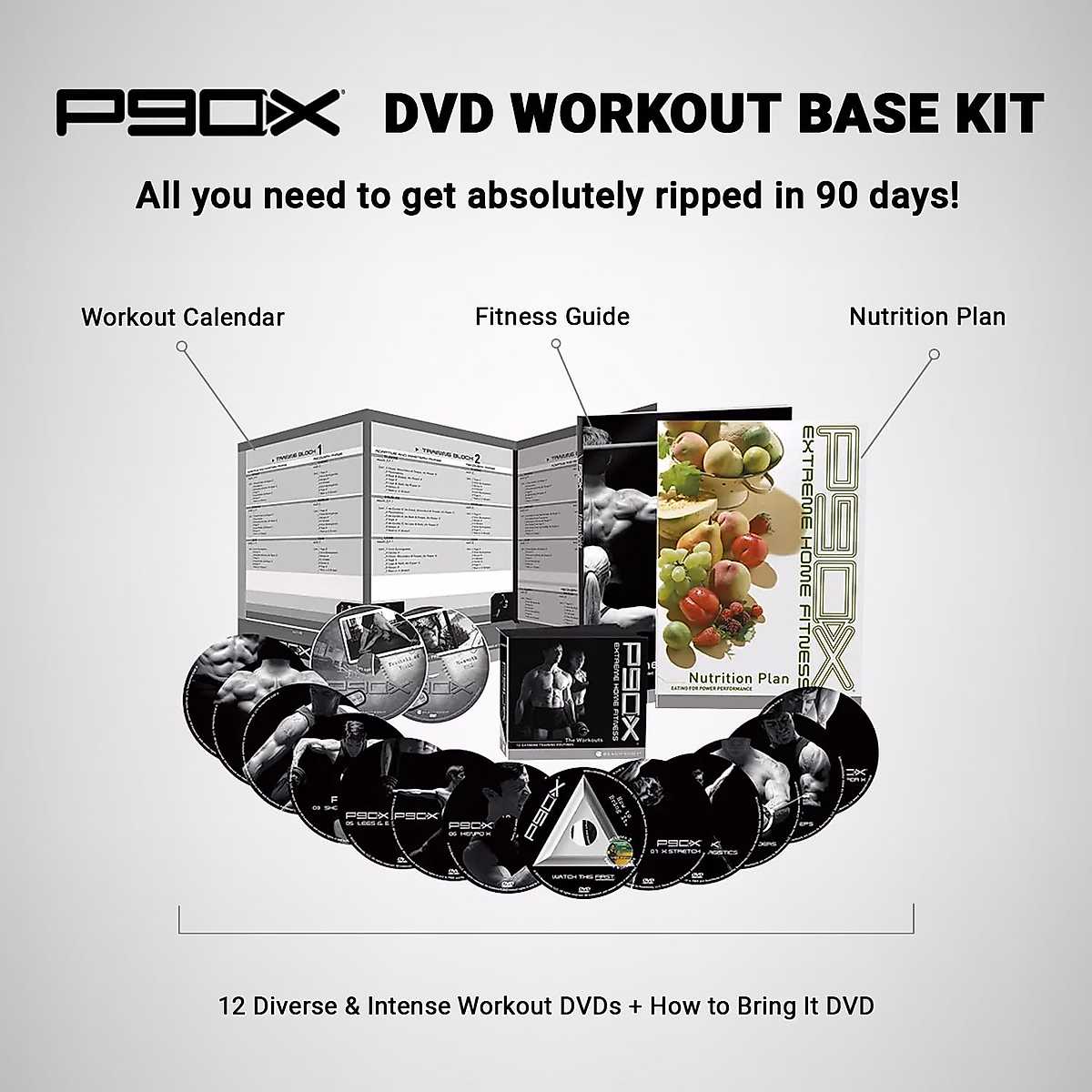 P90X DVD Workout Base Kit, Home Gym Bodyweight Exercise Program, No Workout Equipment Needed, Nutrition Guide Included, 12 Fitness DVDs