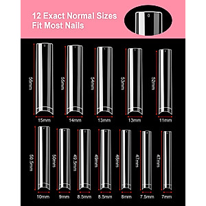 Spohom 504pcs No C Curve Nail Tips for Acrylic Nails Professional, 3XL Extra Long Clear Nail Tips Half Cover Square Shape, 12 Sizes Straight Tapered Square Fake Acrylic Nail Tips For Nail Extension Nail Art, Salon&Home DIY