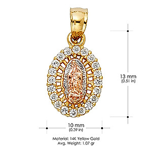 Ioka 14K Yellow Gold Our Lady of Guadalupe Cubic Zirconia CZ Charm Pendant with 1.5mm Valentino Chain Necklace - 18"