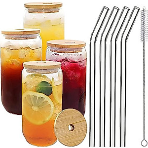 Glass Cups with Lids and Straws 4pcs Set, 16oz Can Shaped Drinking Glasses Set, Beer Glasses, Iced Coffee Cup, Cute Tumbler Cup for Juice, Water, Soda, Tea, Gift