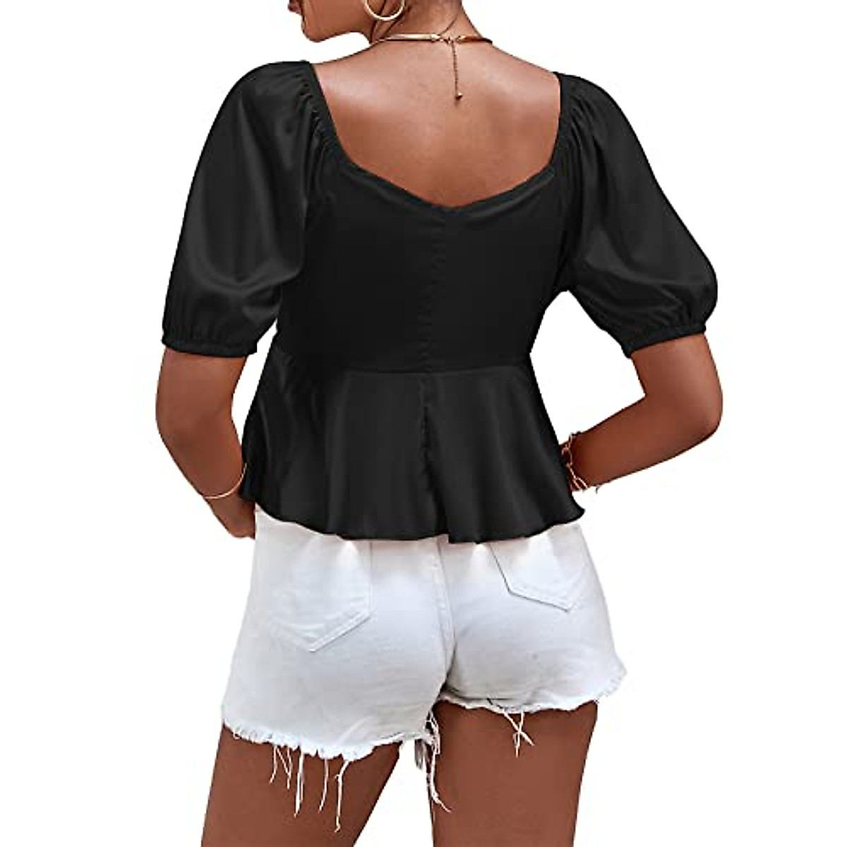 LYANER Women's Satin Deep V Neck Puff Short Sleeve Tie Front Ruffle Hem Blouse Crop Peplum Top Black Medium