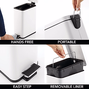 mDesign Pedal Bin — Household Bin with Pedal, Lid and Plastic Bucket Insert for Bathroom, Kitchen, and Office — Metal Rubbish Bin with Ergonomic Design — White