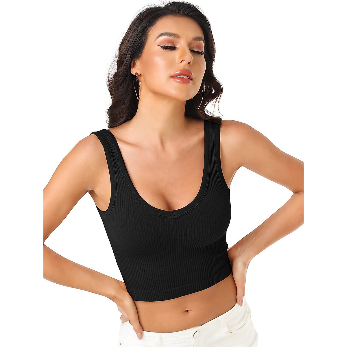 Womens Crop Tops Basic Sleeveless Both V-Neck and Round Neck 3 Pieces Black White Ribbed Seamless Casual Cami Tank Tops(P055 Bl/Gr/Kh M)