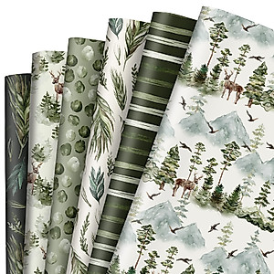 AnyDesign 12 Sheet Forest Theme Wrapping Paper Watercolor Woodland Gift Wrap Paper Bulk Green Tree Elk Art Paper for Birthday Wedding Baby Shower DIY Crafts Gift Packing, 19.7 x 27.6, Folded Flat