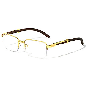 Executive Half Rim Rectangular Metal & Wood Eyeglasses/Clear Lens Sunglasses - Frames (Gold & Dark Brown Wood, Clear)