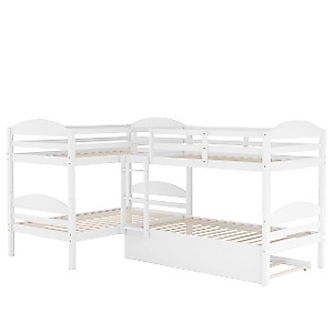 Bellemave Quad Bunk Bed with Trundle L-Shape Bunk Bed Twin Over Twin Corner Bunk Bed for 4 or 5 Kids Boys Girls Teens, White