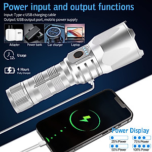 Rechargeable LED Flashlight, Super Bright Flashlight, 10000 High Lumen Flashlight, 5 Modes Zoomable Flashlight, Waterproof Flashlight, for Camping, Outdoor Activities and Emergencies (Black)