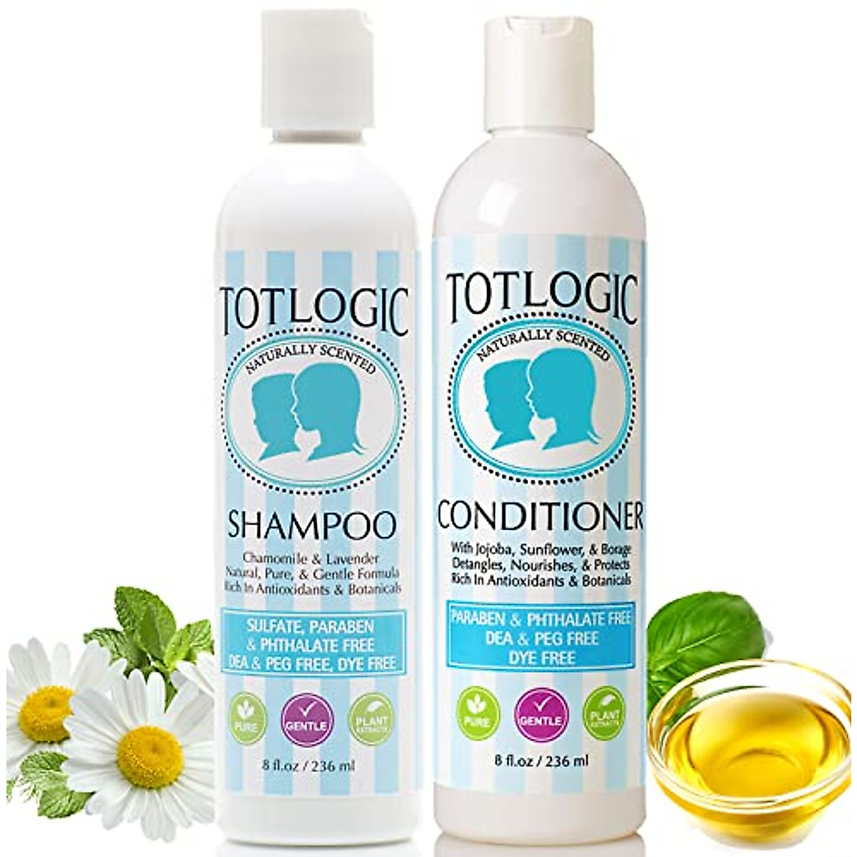 TotLogic Kids Shampoo & Conditioner Set - Sulfate and Paraben Free, Phthalate Free, Non-Toxic Plant Based Natural Formulas - Gentle & Hypoallergenic for Senstive Skin, Scented With Essential Oils
