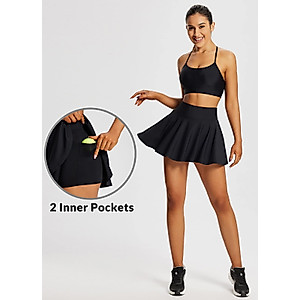 BALEAF Tummy Control Tennis Skirts for Women High Waisted Flowy Pleated Golf Skorts Skirts with Shorts 2 Inner Pockets Black M