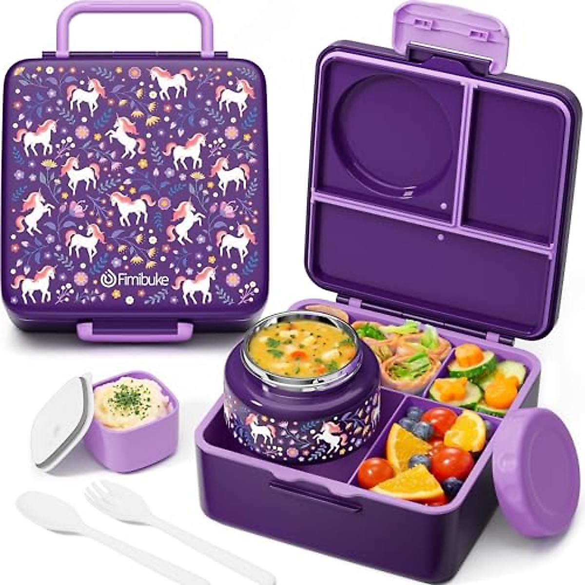 Fimibuke Bento Box for Kids with Thermos, 60OZ Bento Lunch Box Container with Leakproof 8OZ Insulated Food Jar, 3-4 Compartments, Sauce Jar, Utensils for Teens Toddler Adult, BPA-Free, Dishwasher Safe
