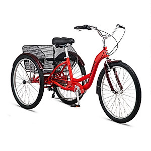 Schwinn Meridian Adult Tricycle Bike, Mens and Womens Three Wheel Beach Cruiser, 26-Inch Wheels, Low Step-Through Frame, Wide Seat, Rear Folding Basket, 7-Speed, Red