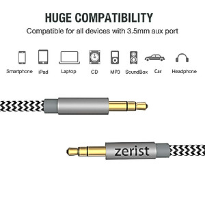 Zerist 3.5mm Stereo Audio Cable Extension Male to Male Nylon Braided 10ft/3m Tangle-Free AUX Cable for Headphones, iPods, iPhones, iPads, Home/Car Stereos and More (Black)