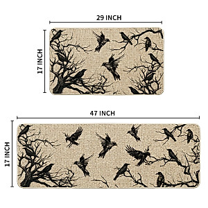 Artoid Mode Crows Tree Branches Halloween Kitchen Mats Set of 2, Home Decor Low-Profile Kitchen Rugs for Floor - 17x29 and 17x47 Inch