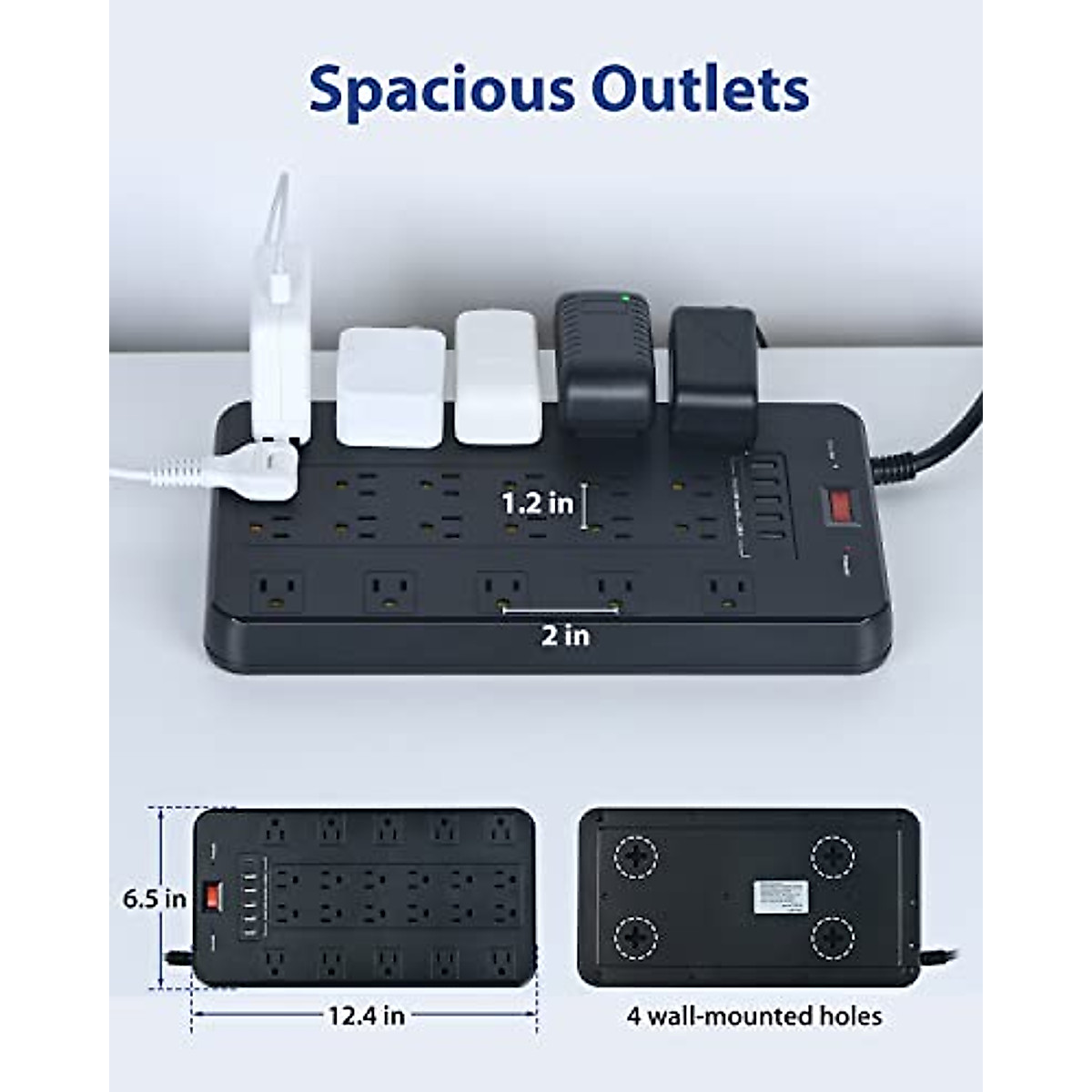 Power Strip Surge Protector, FDTEK Multi Plug Outlet with 22 AC Outlets and 6 USB 1875W/15A 2100 Joules 6.5Ft Flat Plug Extension Cord Heavy Duty Large Power Strip for Home, Office, Dorm, Gaming Room
