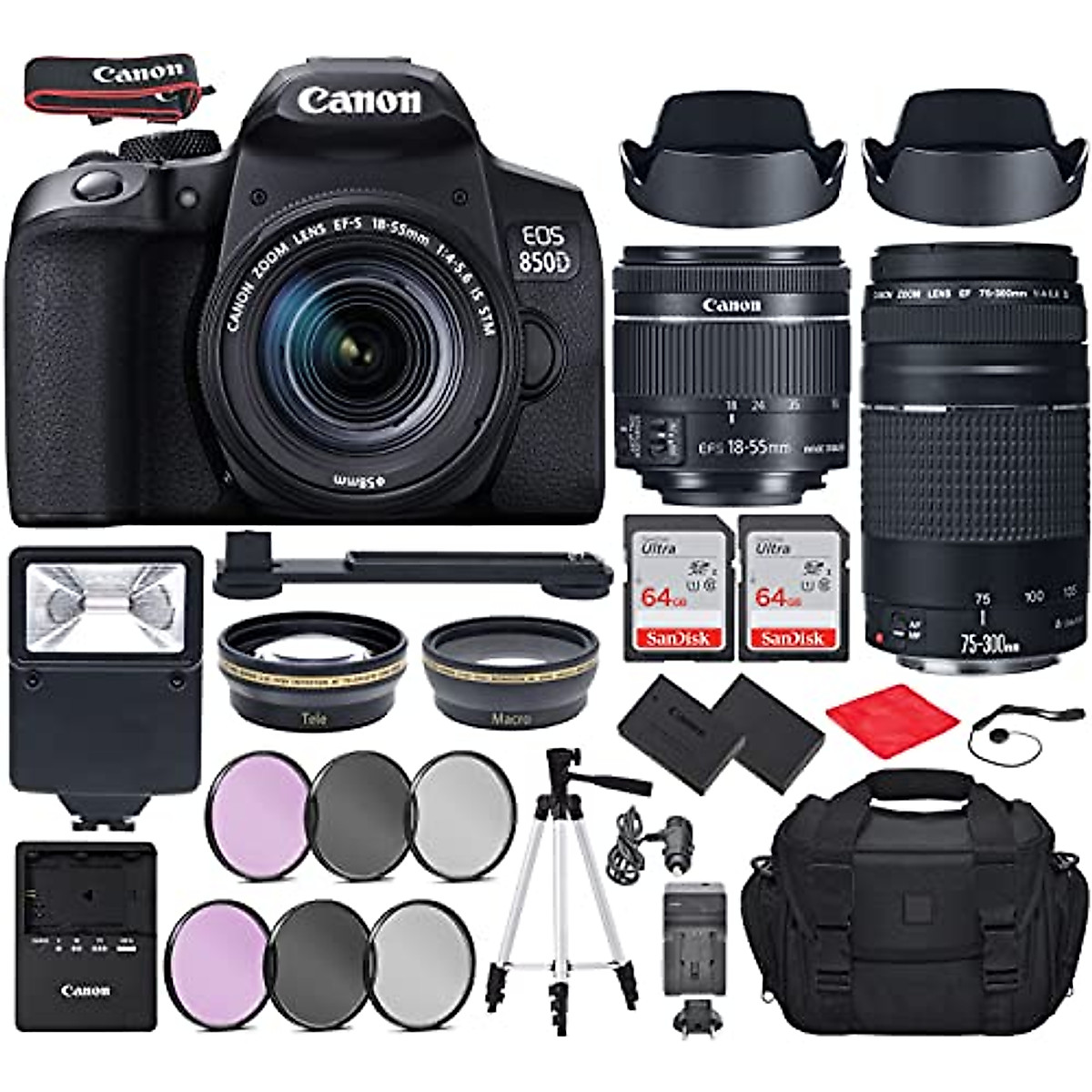 Canon Intl. EOS 850D (T8i) DSLR Camera with EF-S 18-55mm f4-5.6 is STM, EF 75-300mm III Lens Bundle, Travel Kit Accessories (Gadget Bag, Extra Battery, Digital Slave Flash, 128Gb Memory+More), Black