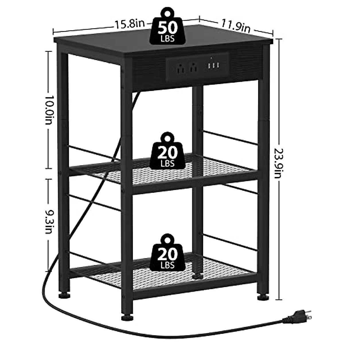 Black Nightstand with Charging Station Industrial End Side Table with USB Ports and Power Outlets 3-Tier Sofa Bedside Table with Storage Shelves and Wood Tabletop for Bedroom Living Room Modern