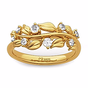 Jeulia Olive Branch Band Ring Sterling Silver Round Cut Leaf Promise Ring for Women Gold Tone Diamond Nature Wedding Band Rings for Anniversary Engagement with Jewelry Gift Box (Olive Leaf, 8.5)