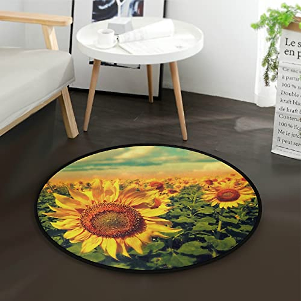 Round Area Rug Non-Slip Carpet Sunflower Blooming Golden Circle Rugs 3 Feet Rugs Floor Mats Soft Carpet Machine Washable Floor Mat for Living Room Bedroom Nursery Room Home Decor