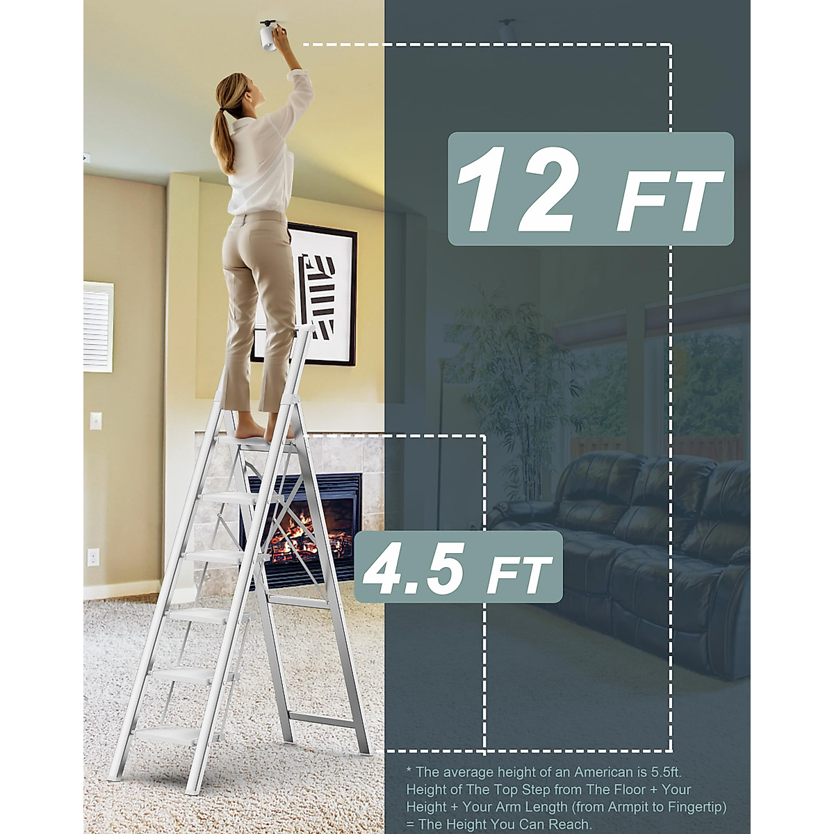 COROCO 6 Step Ladder for 12 Feet High Ceiling, Folding Step Stool with Handgrip and Anti-Slip Wide Pedal, Portable Lightweight Aluminum Stepladder for Kitchen, Home (300 lbs Capacity) - White