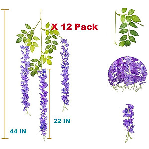 12 Pack Wisteria Flower Vines Garland, 3.75 Feet Artificial Flower Strings, Fake Hanging Flowers, Silk Wisteria Garland Flowers, Wisteria Vine for Wedding, Garden, Wall Decoration (Purple Blue)