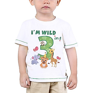 Baby Boy 3rd Birthday T-Shirt - I’m Wild and 3 Jungle Animals Birthday Top Tee Toddler Jungle Animal Birthday Party T Shirt Gift Cotton Printed Short Sleeve Outfit(White, 3 T)
