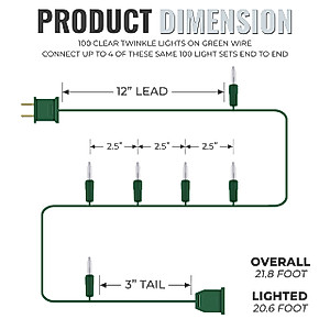 612 Vermont 100 Clear Christmas Lights, 12 Lights Twinkle, Indoor and Outdoor Use, Connect up to 4 Sets, Lighted Length 20.6', Total Length 21.8'