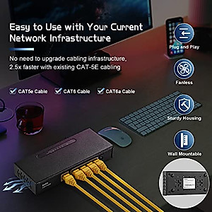 Binardat 5 Port Multi Gigabit Switch, 1 x 2.5 Gigabit and 4 x 1 Gigabit Ethernet RJ-45 Ports, Metal Fanless, Desktop and Wall Mount, Unmanaged Plug & Play Network Switch