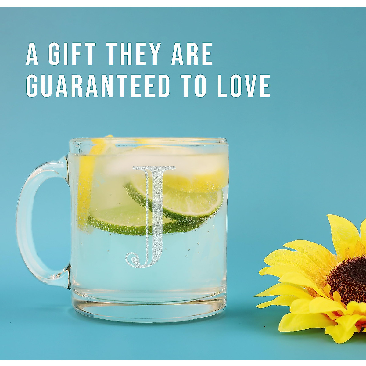 Spotted Dog Company Etched Monogram 12oz Clear Glass Coffee Mug (Letter J), A-Z Customized Coffee Gifts for Coffee Lovers, Custom Engraved Gifts for Women Her, Personalized Gift for Men, Initial