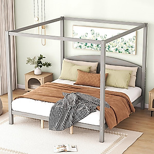King Size Canopy Bed with Headboard and Slat Support,Wooden King Platform Bed Frame with Slat Support, King Size Bed Frame for Kids Teens Adults, No Box Spring Needed (Grey Wash)