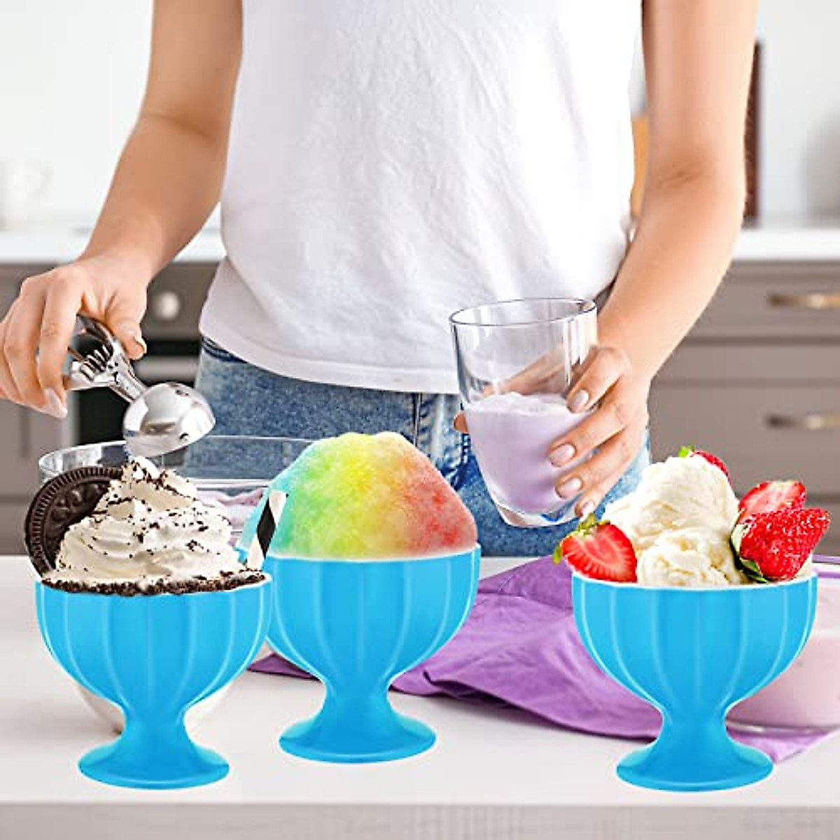 Lallisa 6 Pcs 12 oz Ceramic Dessert Bowls Set, Ice Cream Bowls Tulip Dessert Sundae Cups Durable Cute Elegant Trifle Bowl for Milkshakes, Parfaits, Cereal, Nut, Fruit, Pudding, Salad (Blue)