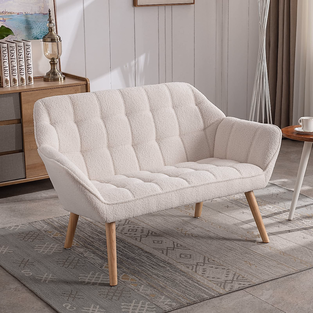 Guyou Small Loveseat for Bedroom 2-Seat Mini Sofa Couch with Wingback and Wood Legs for Living Room Apartment Small Space Fluffy Love Seat, White Sherpa