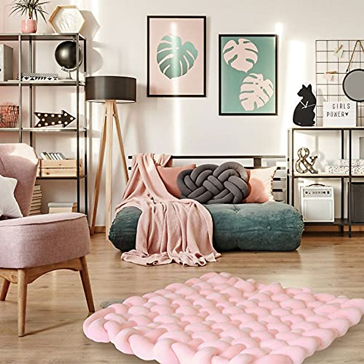 Lion Paw Knotted Braided mat Nursery Rugs for Kids Play and Sleeping Hand Made Baby Knot Floor Pillow Mat Thick Baby Crawling mat Anti-Slip Toddler Play mat Woven Carpet Floor Cushion-Pink