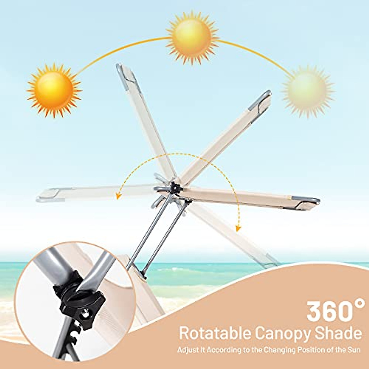 Giantex Outdoor Folding Chaise Lounge, Portable Reclining Chair with 5 Adjustable Positions, 360°Rotatable Canopy Shade, Side Pocket, Patio Lounge Chair for Beach, Lawn Sunbathing Chair (1, Beige)