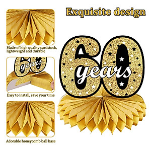 Happy 60th Anniversary Decorations Table Honeycomb Centerpiece, 8pcs 60 Wedding Anniversary Party Supplies, Black Gold Sixty Year Anniversary Table Topper Decor Kit