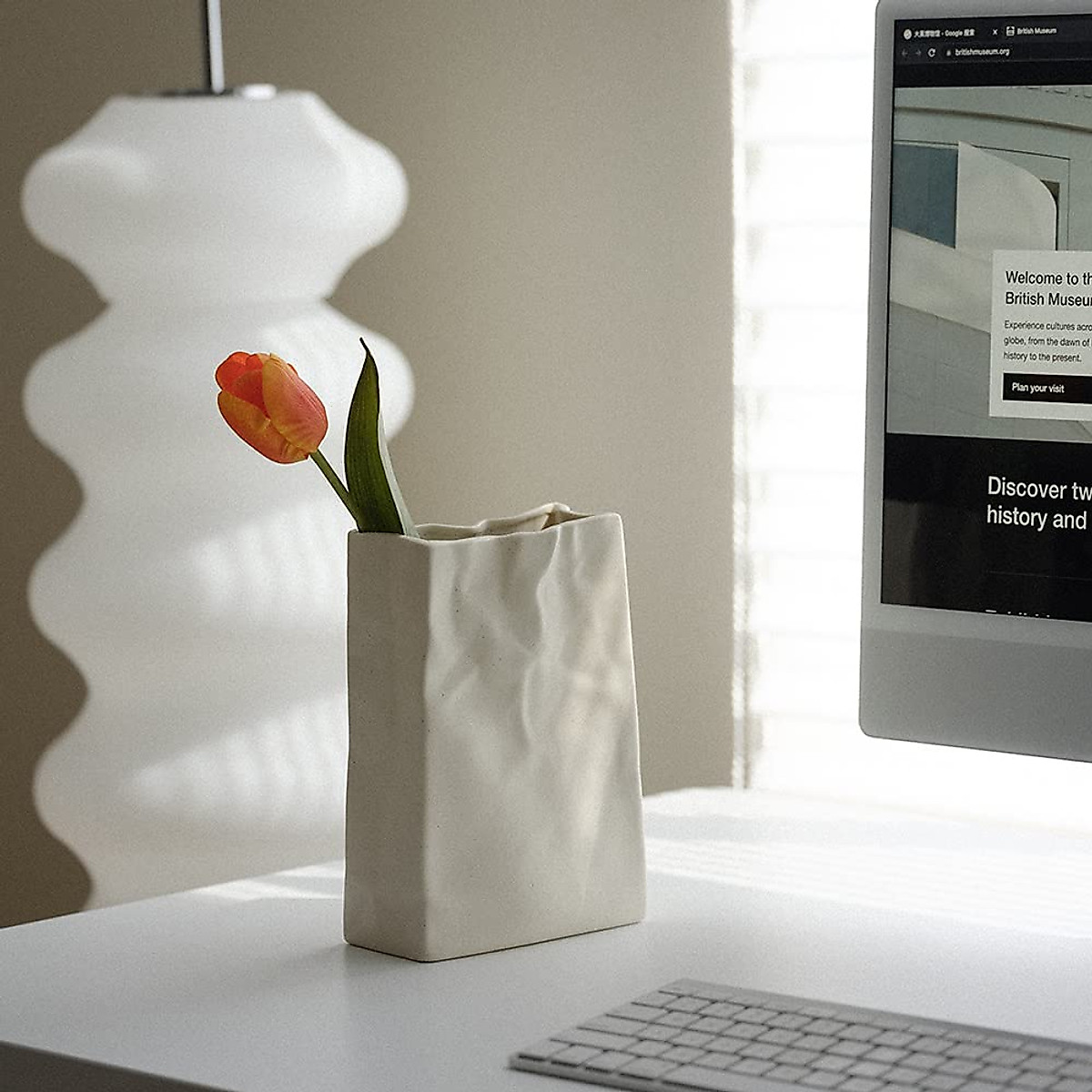 Crinkle Paper Bag Shape Ceramic Vase, Large Capacity for Flower Arrangement, Bookshelf Decorative (Matte Crème)