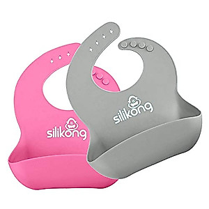 Silicone Bibs for Babies with Crumb & Drip Catcher Pocket | For Babies & Toddlers | Waterproof, Easy to Clean | 2 Colors Set (Pink/Gray)