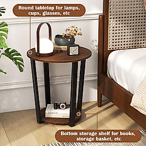 Giantex Round End Table Set of 2, 2-Tier Side Sofa Table with Open Storage Shelf and Metal Frame, Industrial Nightstand Bedside Table for Living Room, Bedroom, Small Space, Accent Furniture, Walnut